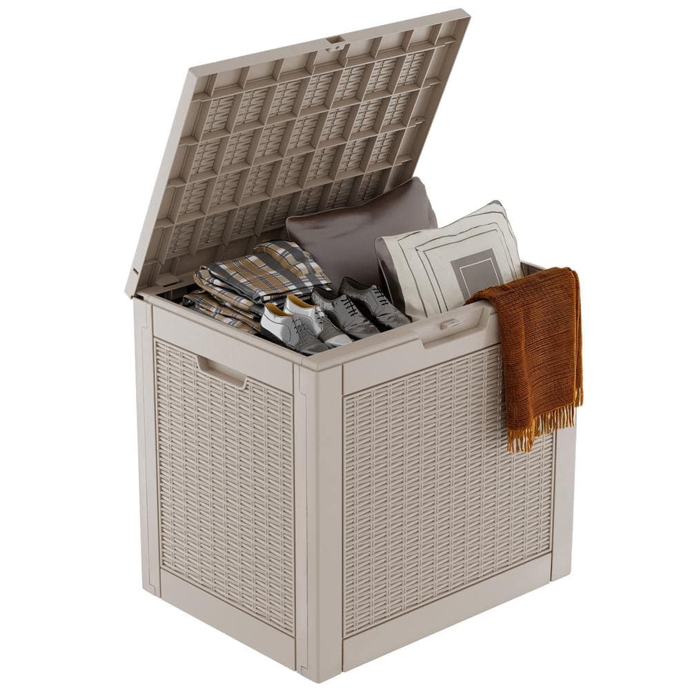 OUPES 31 Gal. Light Brown Wicker Resin Outdoor Storage Deck Box OPS ...