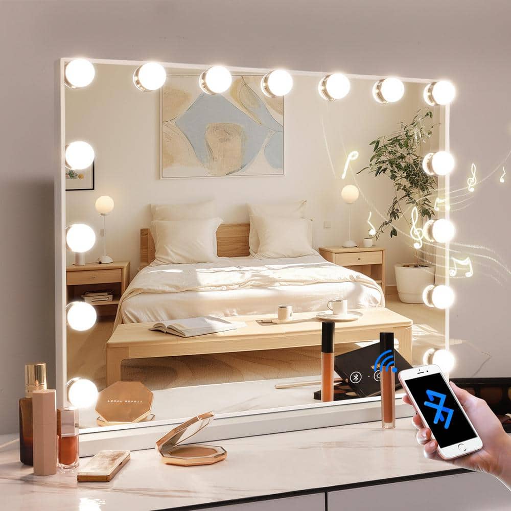 VANITII GLOBAL 22.8 in. W x 18 in. H Rectangular Framed Vanity Mirror Tabletop Bathroom Makeup Mirror with Lights Bluetooth in White VNT 5846BT The Home Depot