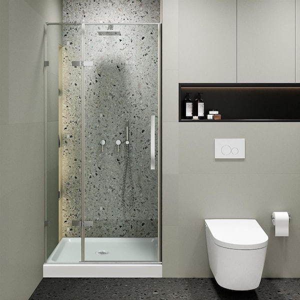 Fine Fixtures 36 in. W x 74 in. H Hinged Frameless Shower Door with ...