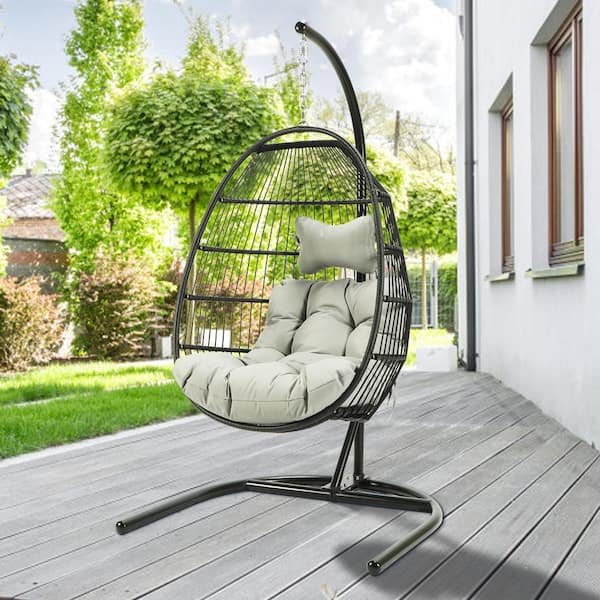 AUTMOON 1-Person Iron Wicker Indoor Outdoor Patio Swing Egg Swing Chair ...