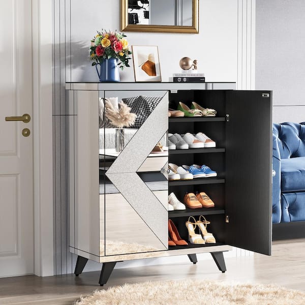37.6 in. H x 31.8 in. W Silver Glass Wood Shoe Storage Cabinet