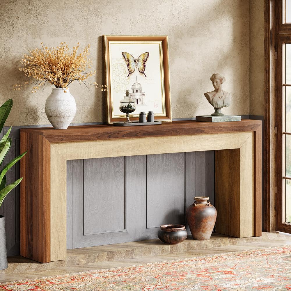 BYBLIGHT Turrella 63 in. Brown and Oak Console Tables, Rectangle Wood ...