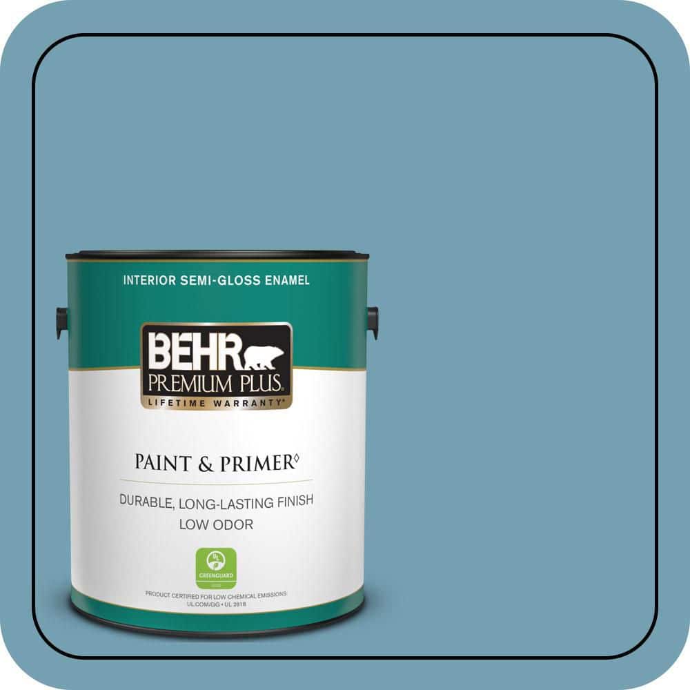 BEHR PREMIUM PLUS 1 gal. #S480-4 Saga Blue Semi-Gloss Enamel Low Odor ...