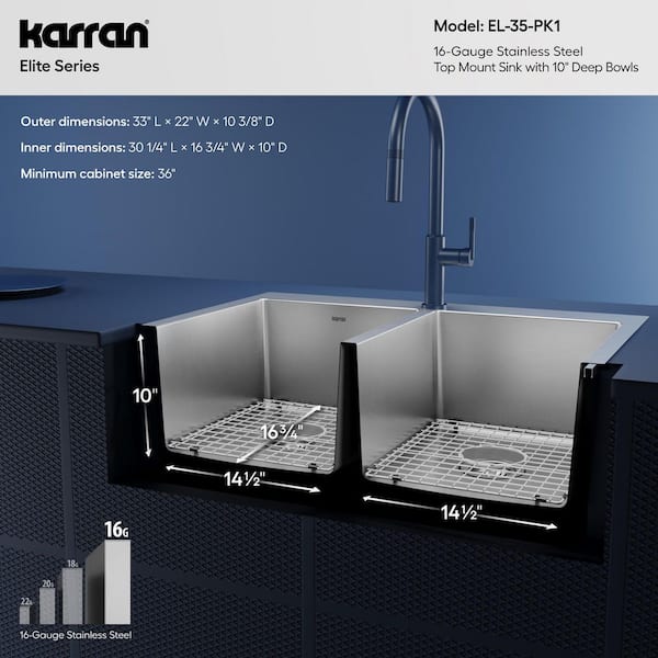 Karran EL-35 Stainless Steel 33 in. Double Bowl 50/50 Top Mount Drop-In ...