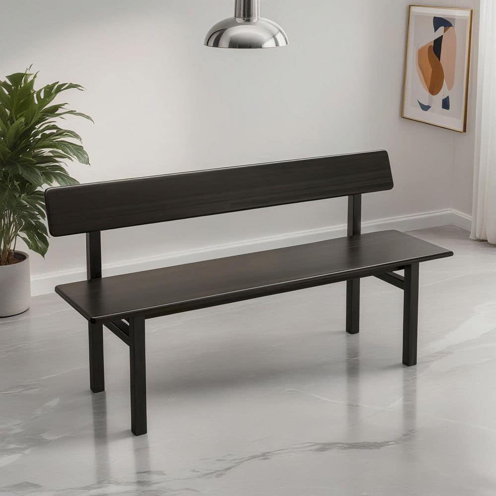 B BALANBO 55.1 in. Black Farmhouse Solid Wood Dining Bench with Back ...