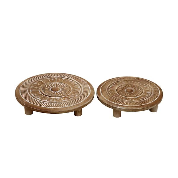 PARISLOFT Natural Wood Set of 2-Round Wood Risers with Carved Pattern ...