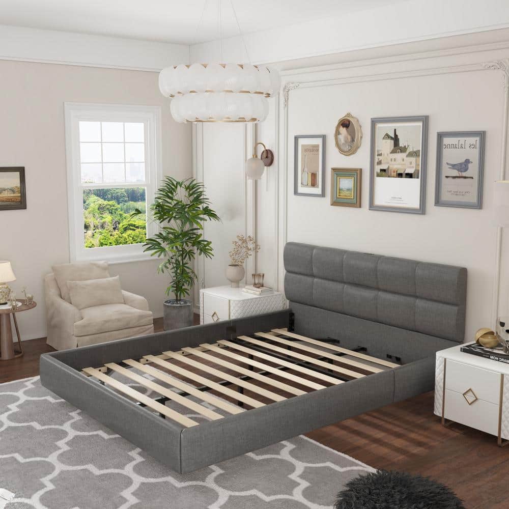FUFU&GAGA Gray Wood and Steel Frame Queen Size Platform Bed, Panel Bed ...