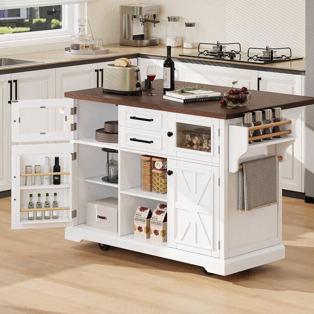 54.9 in. White Wood Kitchen Island Pantry Organizer with Drop Leaf and ...