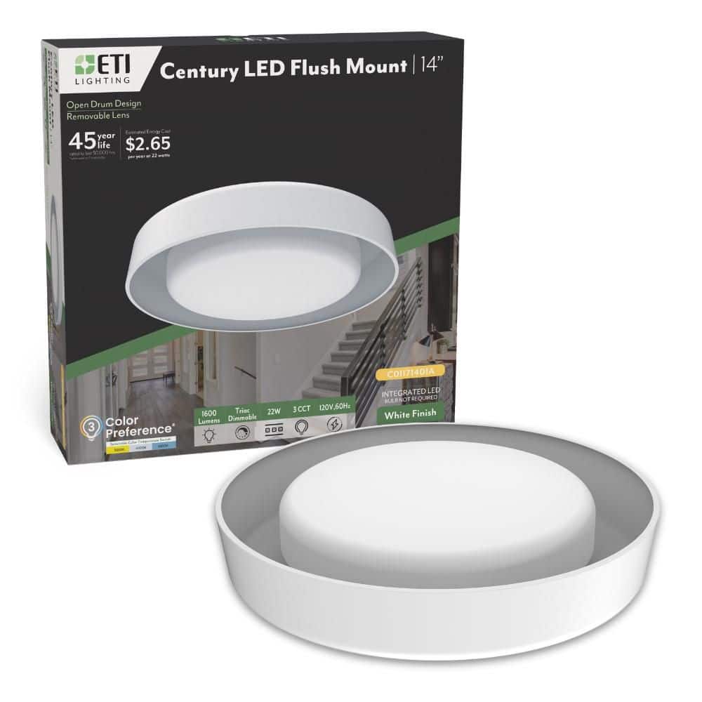 ETI LIGHTING CENTURY 14 in. White Modern Drum Shade LED Flush Mount ...