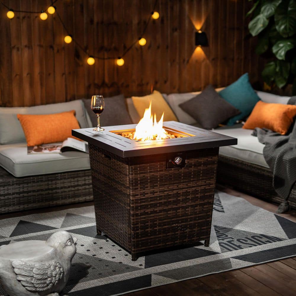 28 in. Propane Gas Fire Pit Table with Wicker Base, 50,000 BTU Square ...