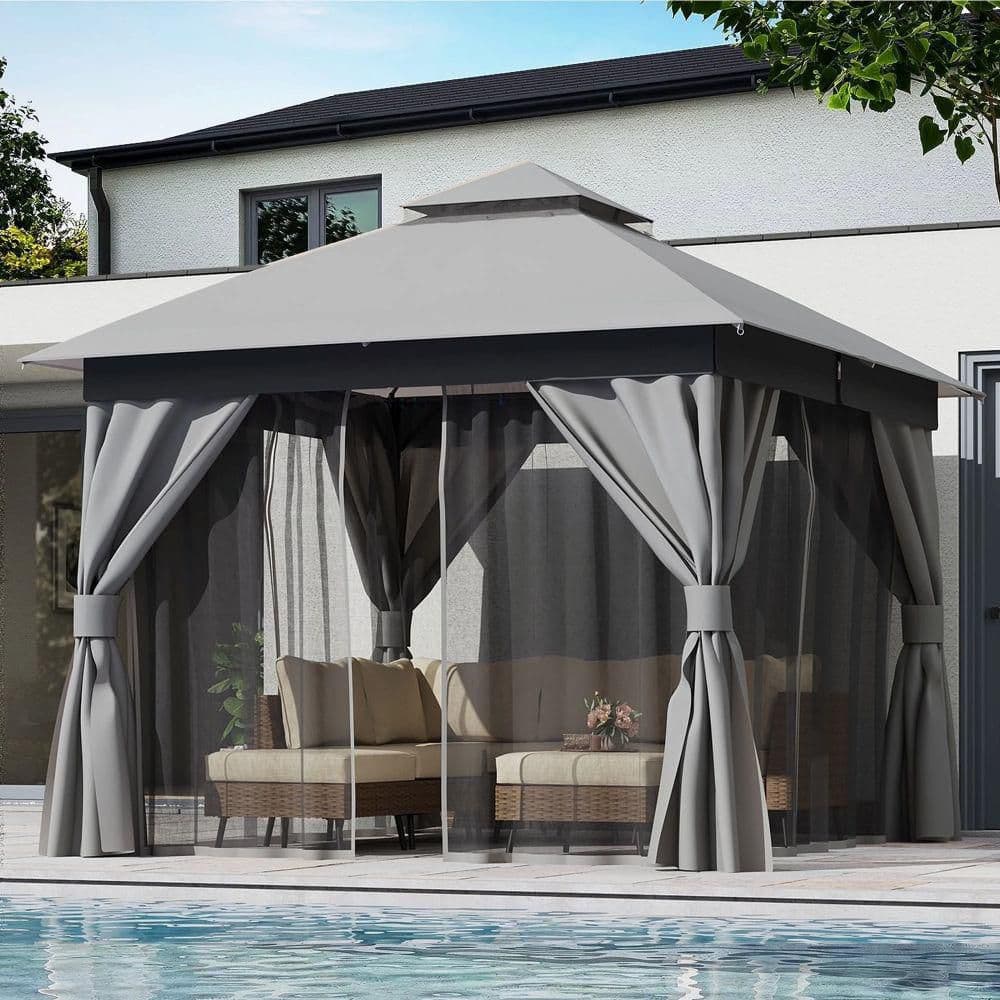 LAUSAINT HOME 10 ft. x 10 ft. Gray Outdoor Patio Gazebo with Double ...