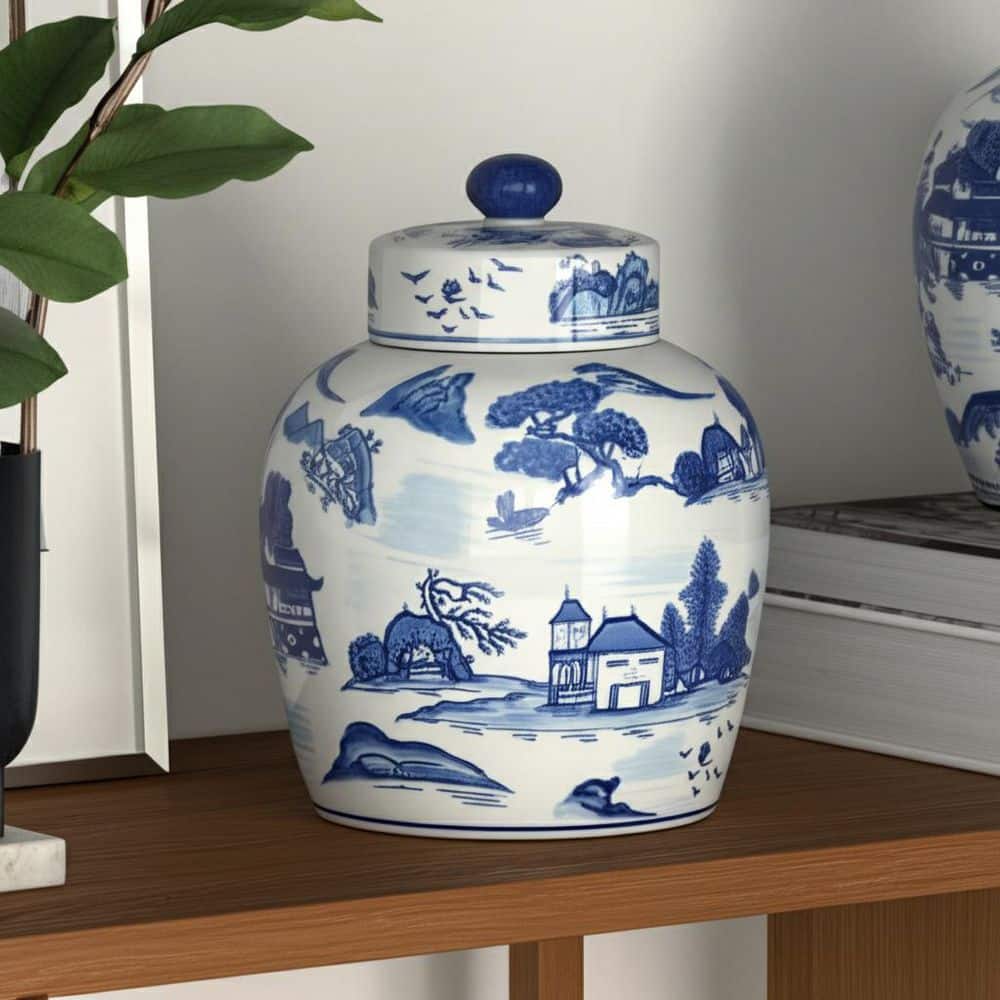 Liv & Skye 9 in. Blue Ceramic Rounded Chinoiserie Jar with Lid 16421-02 ...