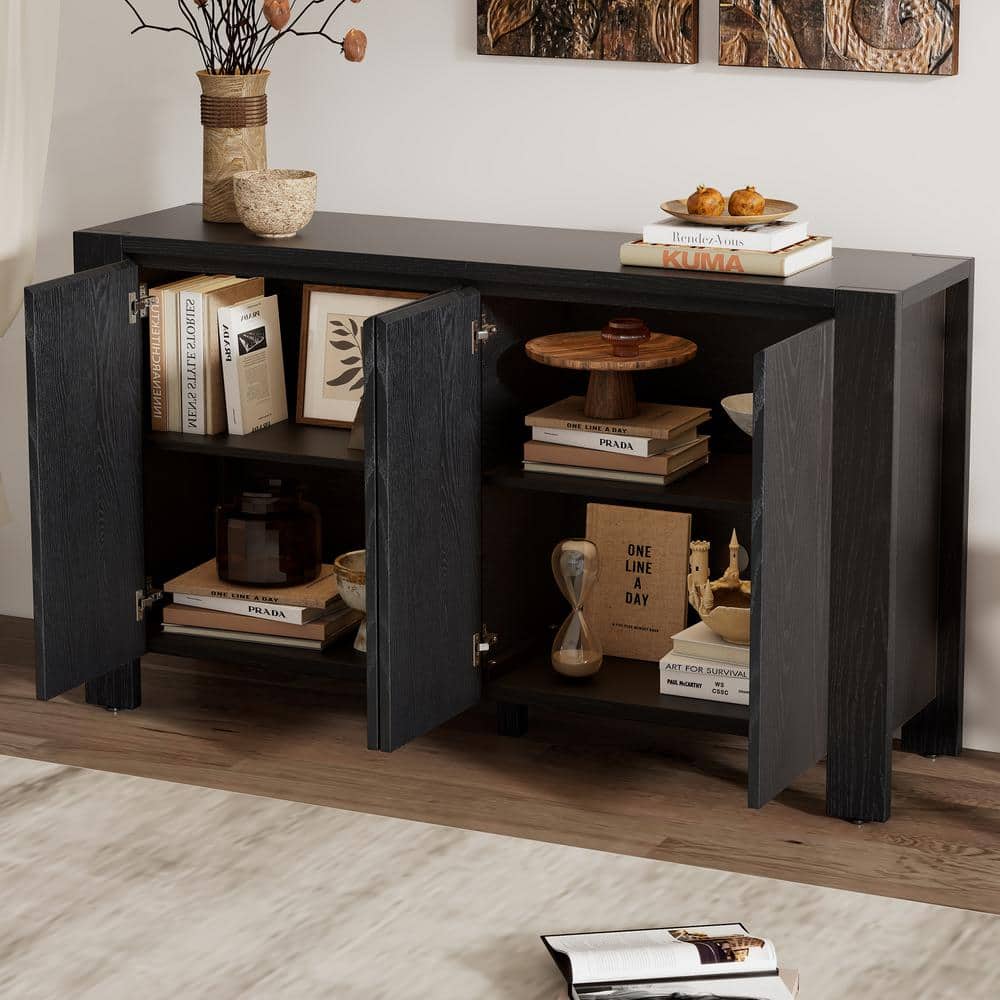 Qualler 59 in. Black Rectangle MDF Console Table with Adjustable ...