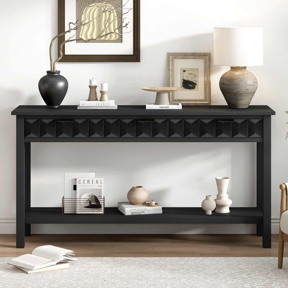 Polibi 60 in. Black Rectangle Wood Console Table Entryway Table RS519-526311B - The Home Depot