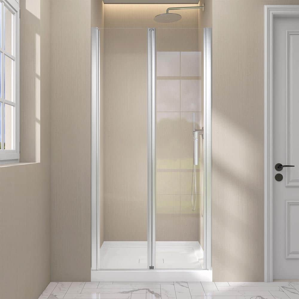 Zeafive 34 to 35-1/2 in. W x 72 in. H Frameless Bifold Shower Door Swing Pivot Small Alcove ...