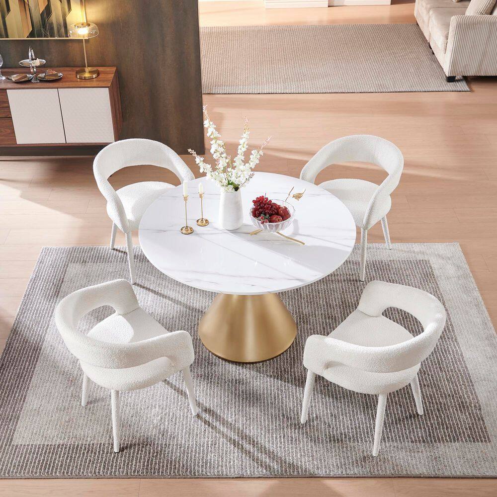 Morden Fort Decent 5-Piece Faux Marble Round Dining Table with Boucle ...