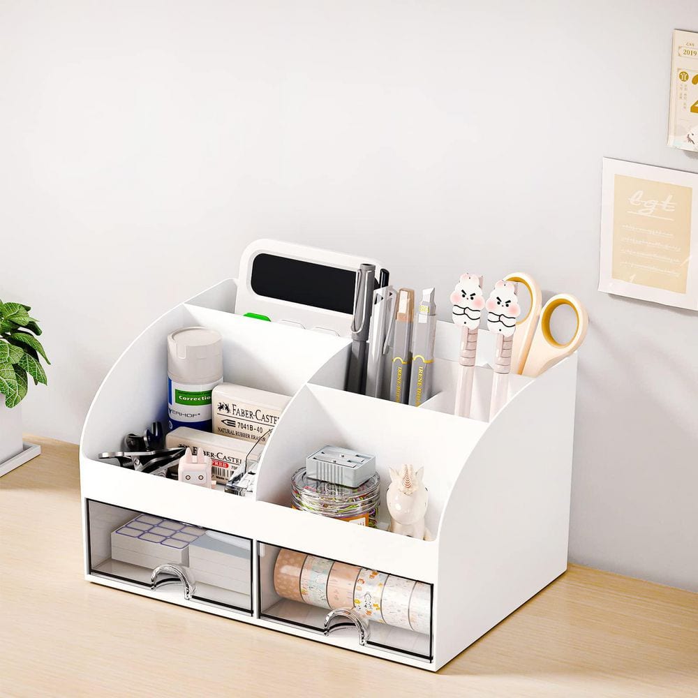 White Plastic Desk Organizer w/ 6 Compartments and 2-Drawers, 10 in. x ...