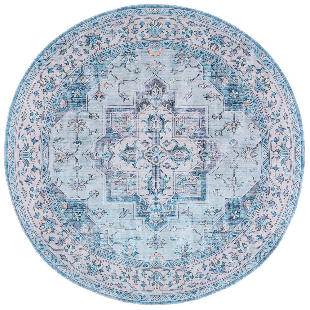 SAFAVIEH Arizona 6 ft. x 6 ft. Light Blue/Ivory Machine Washable Faded ...