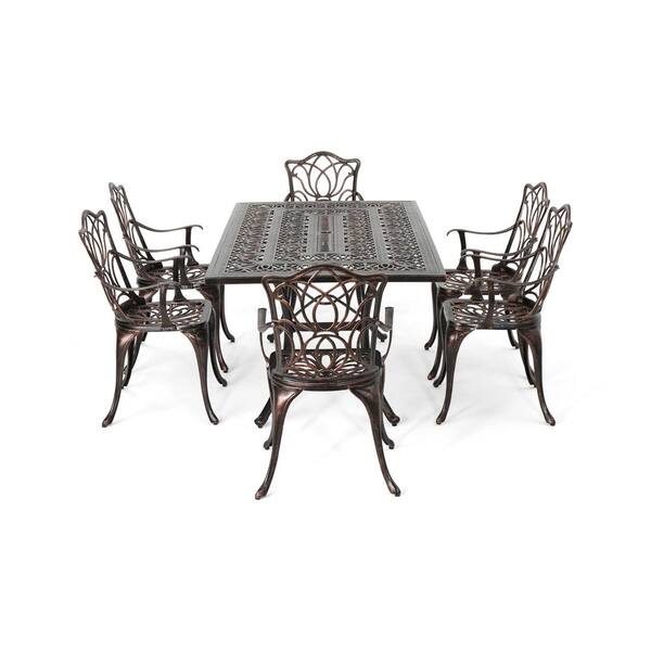 Noble House Tucson Shiny Copper 7 Piece Aluminum Outdoor Dining Set