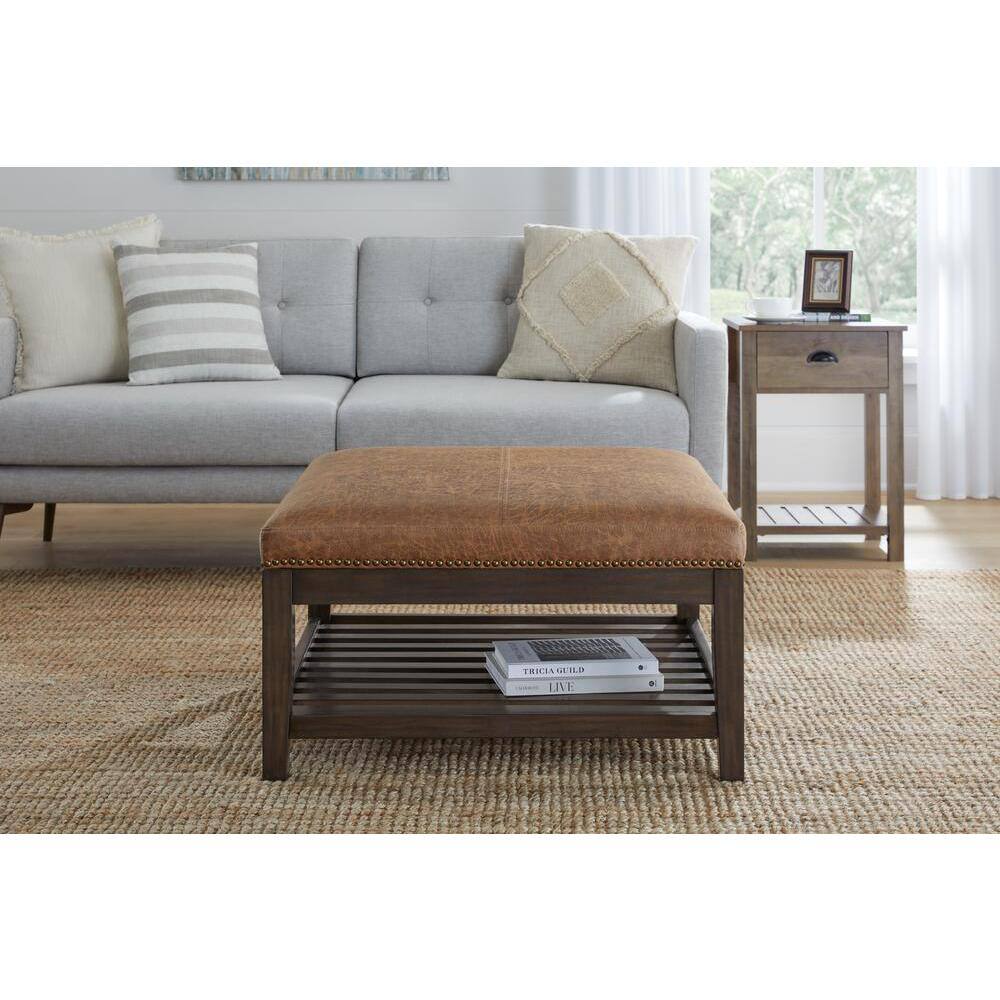 Home Decorators Collection Hayesbrook Camel Brown Upholstered Square Ottoman with Nailhead Trim and Smoke Wood Accents 32 W AKF19 32 A The Home Depot