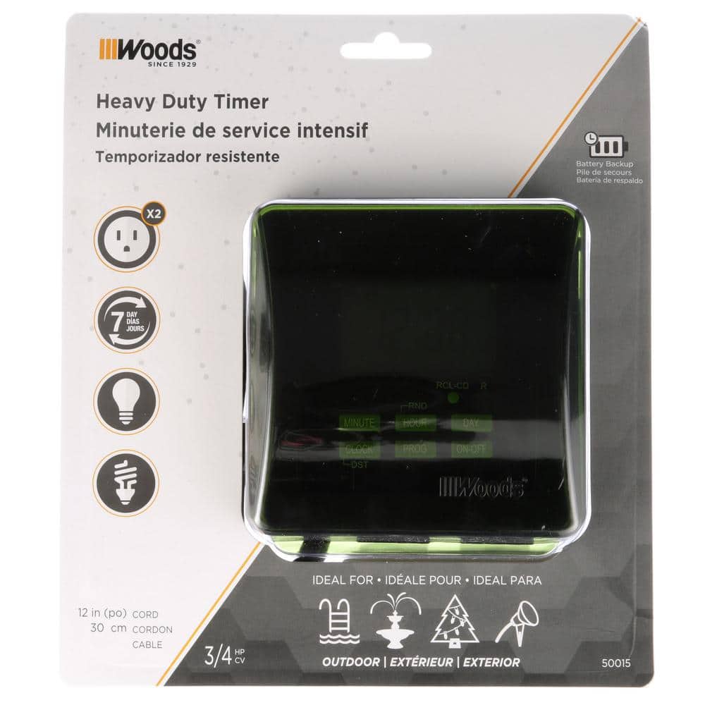 Woods 15-Amp 7-Day Outdoor Plug-In Heavy-Duty Dual-Outlet Digital Timer ...