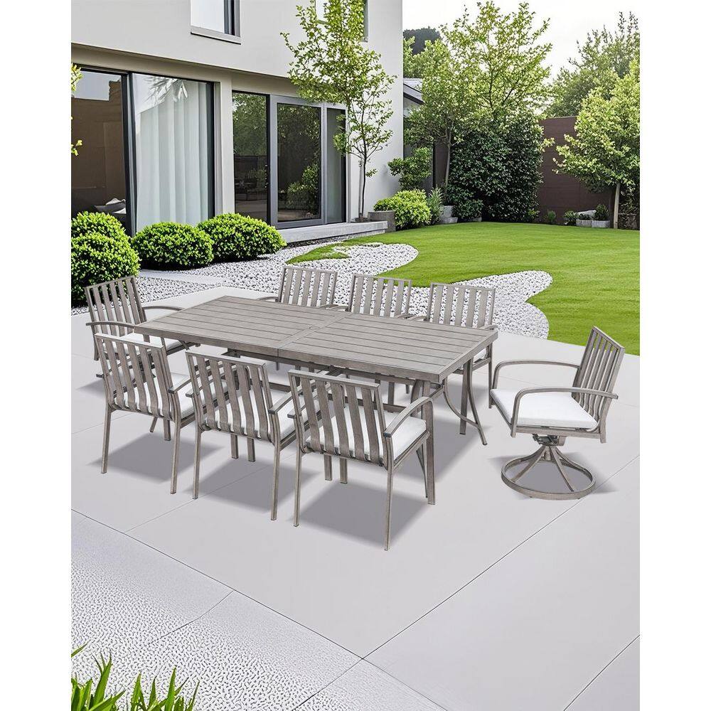 RUIZI Gray 9-Piece Aluminum Outdoor Dining Set with 2-Swivel Dining Chairs, Rectangular Table ...