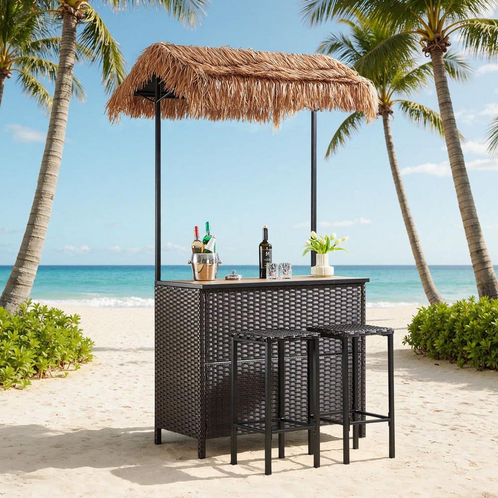 Opohoro 3-Piece Wicker Outdoor Bar Set with Canopy, Storage Shelf, and ...