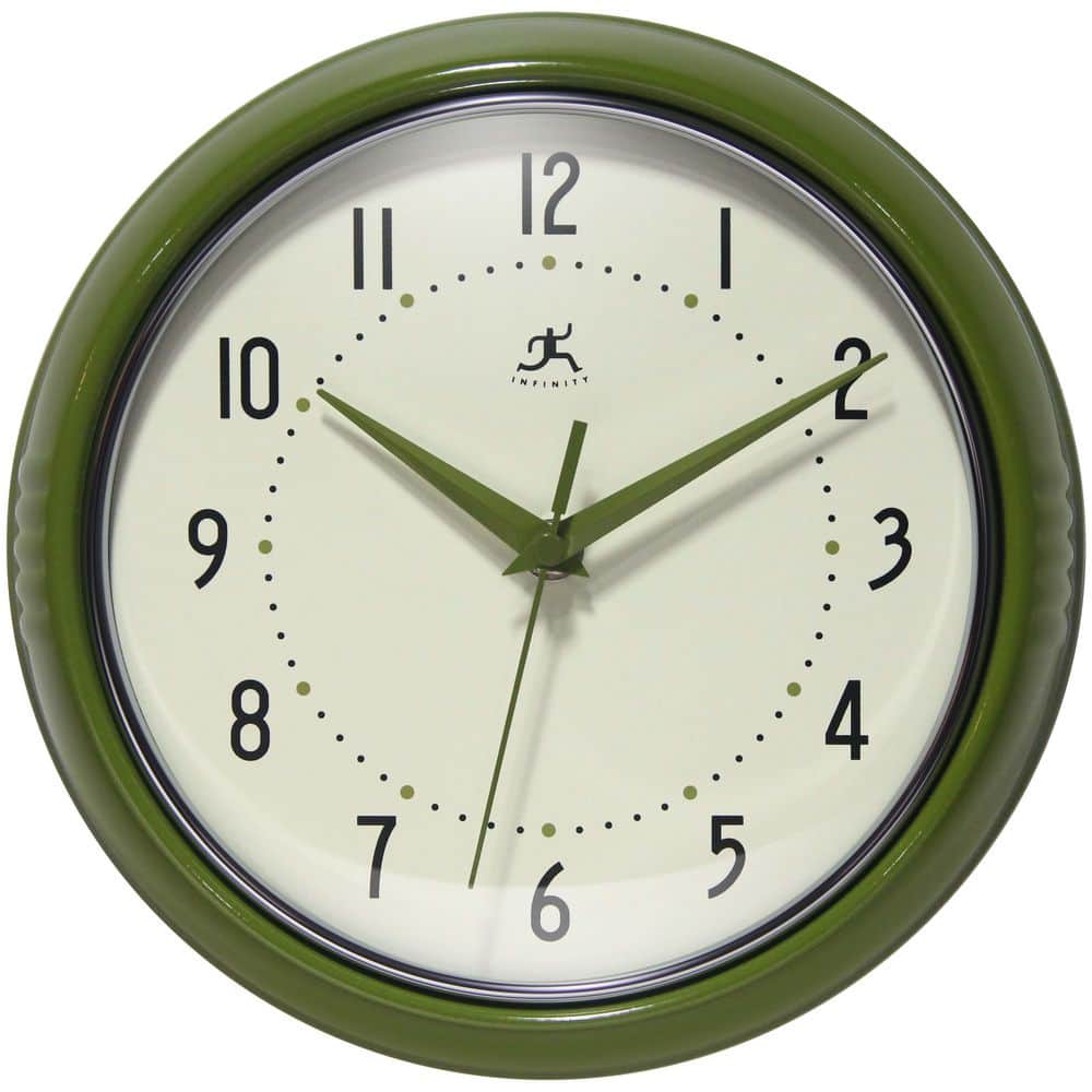 Infinity Instruments Retro Round Olive Green Aluminum Wall Clock, 9.5 in. 10940OL - The Home Depot
