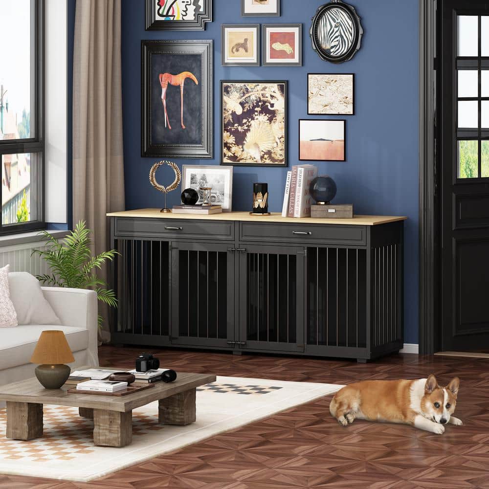 FUFU&GAGA Large Wooden Dog Kennels Drawers and Divider, Furniture Style Dog Crate, Black Dog ...