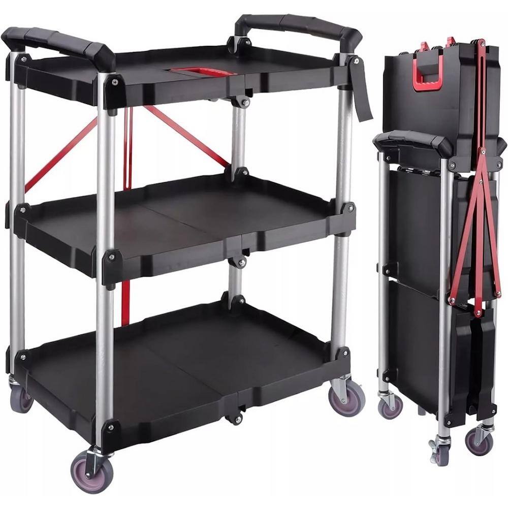 3-Layers Folding Collapsible Plastic Serving Cart Utility Cart with ...