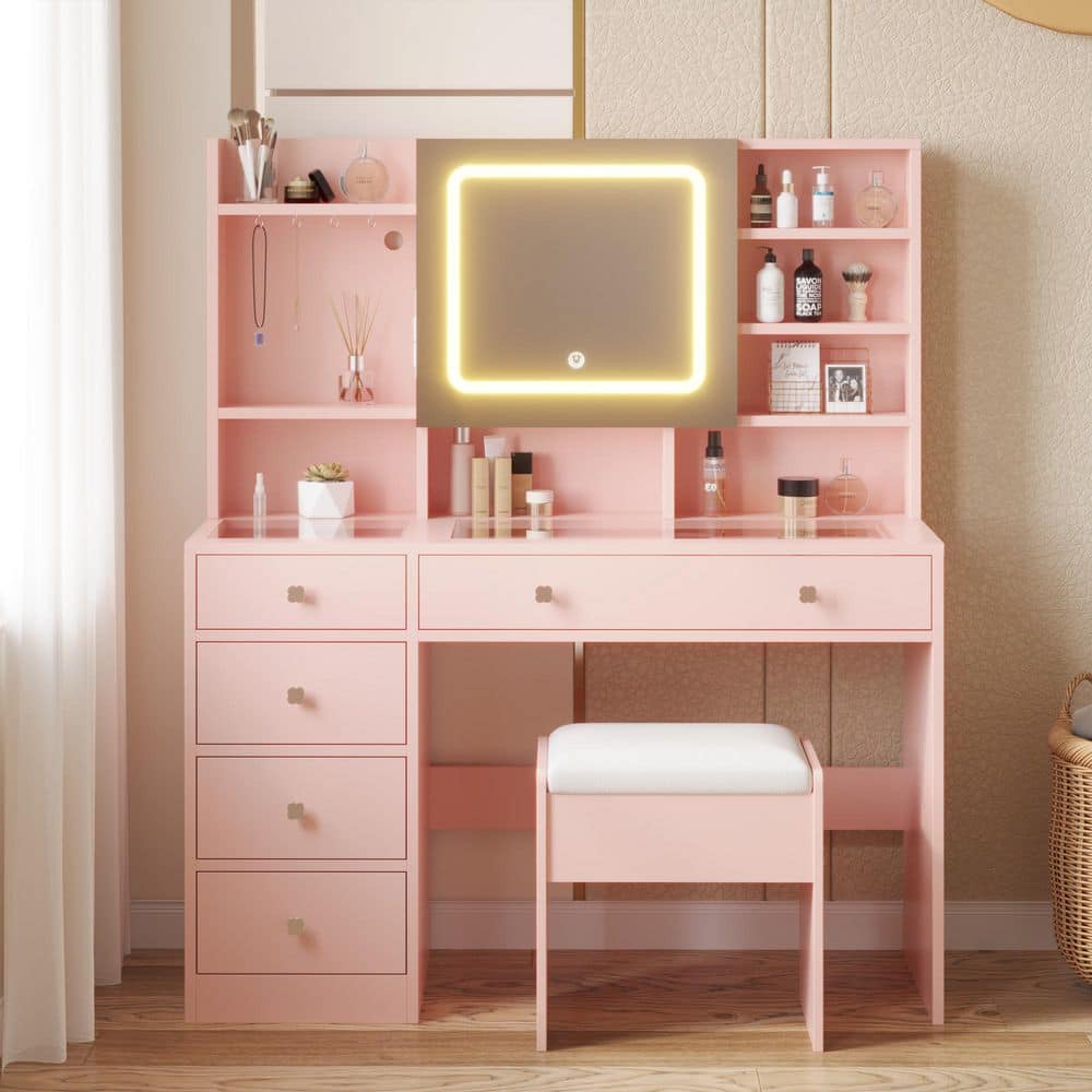 Karl home Apple Pink 5-Drawer Makeup Vanity Set with Adjustable Mirror ...
