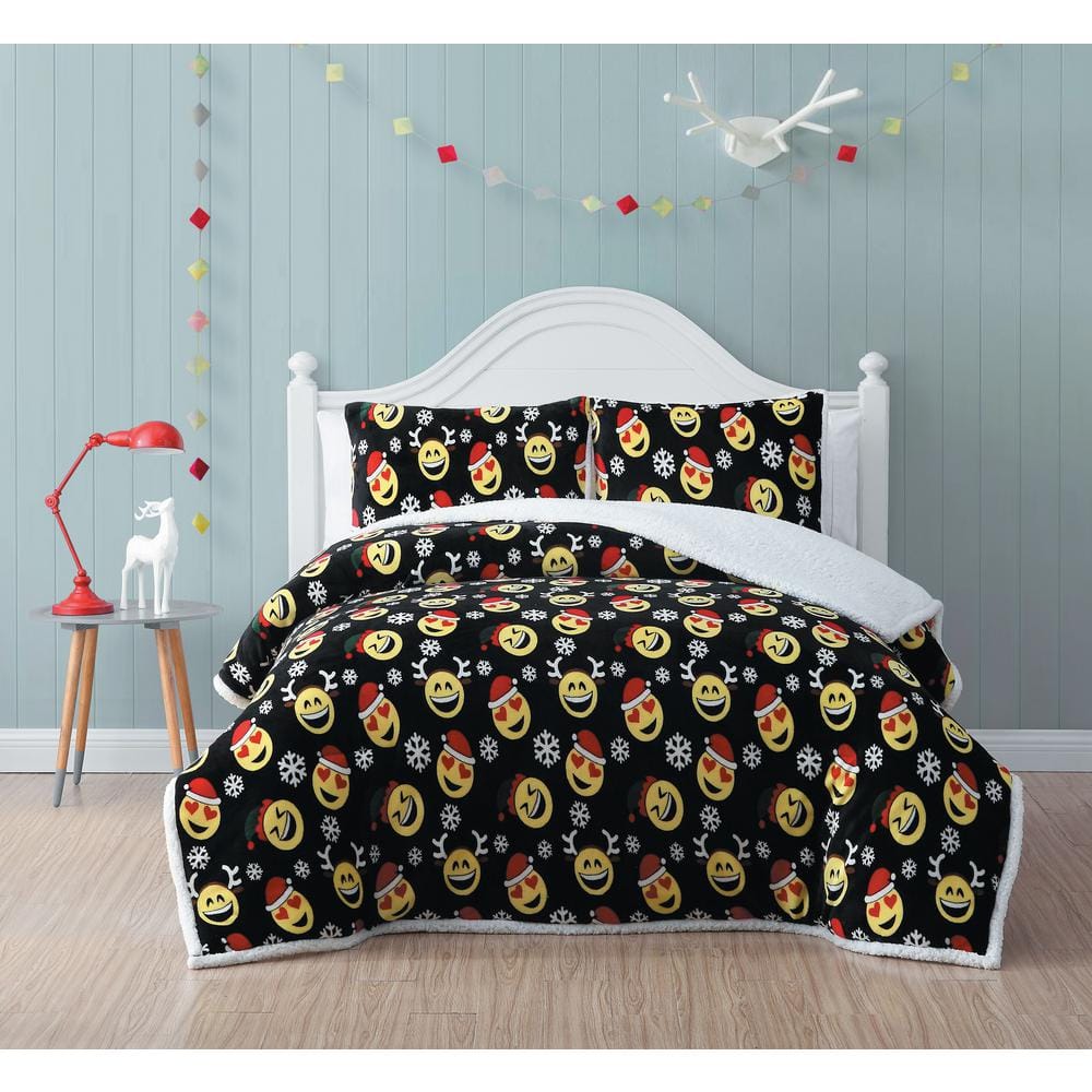 Dot Dash Jolly Emoji Black Twin Plush/Sherpa Comforter Set ...