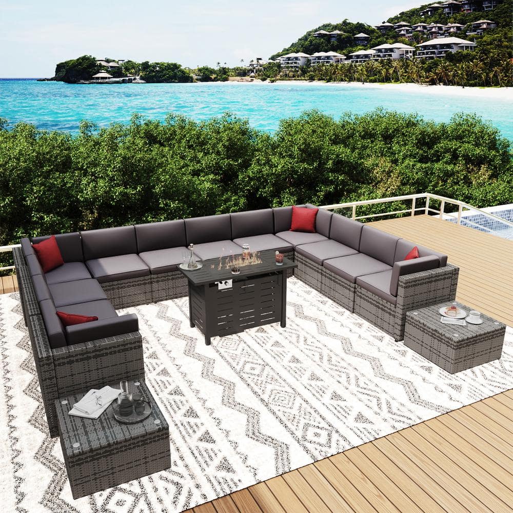 Sizzim 15-Piece Patio Rattan Sectional Conversation Set with 40 in ...