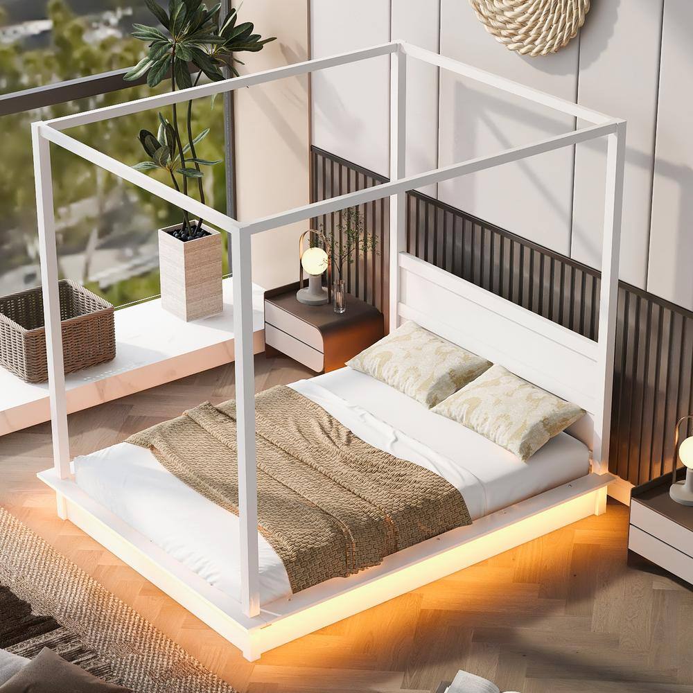 Harper & Bright Designs White Wood Frame Queen Size Canopy Bed with LED ...