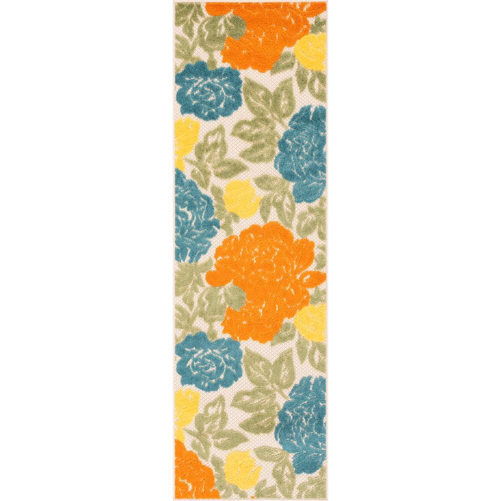 Tayse Rugs Oasis Gold 2 ft. x 8 ft. Floral Indoor/Outdoor Area Rug ...