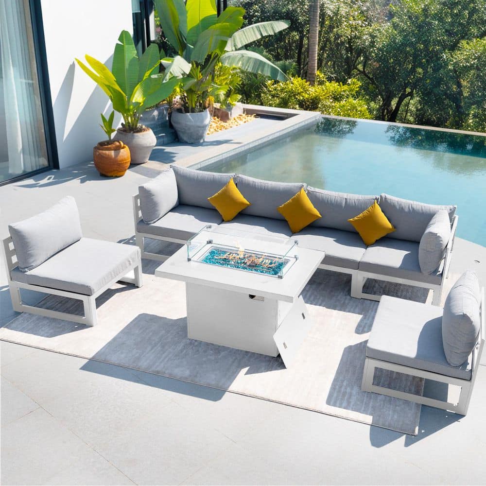 7-Piece White Aluminum Outdoor Conversation Set Deep Seating Patio ...
