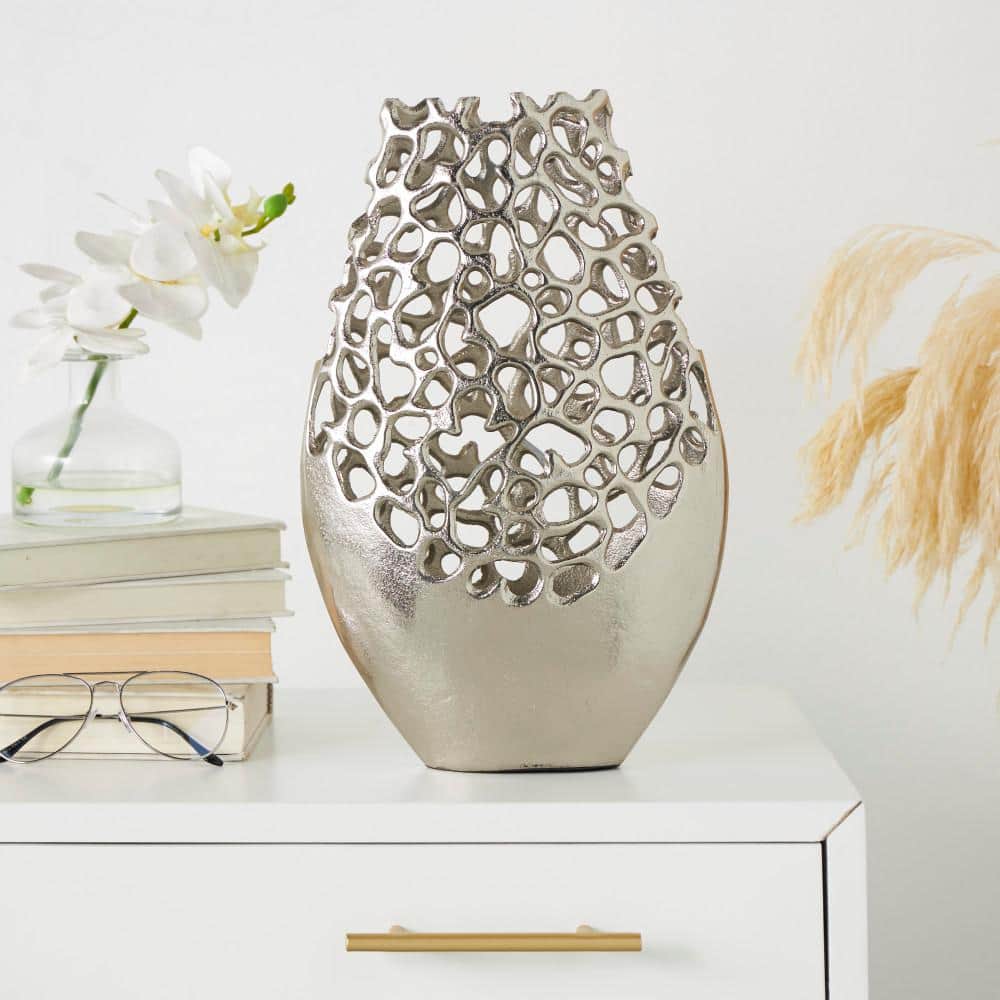 Litton Lane 15 in. Silver Rounded Aluminum Metal Decorative Vase with ...