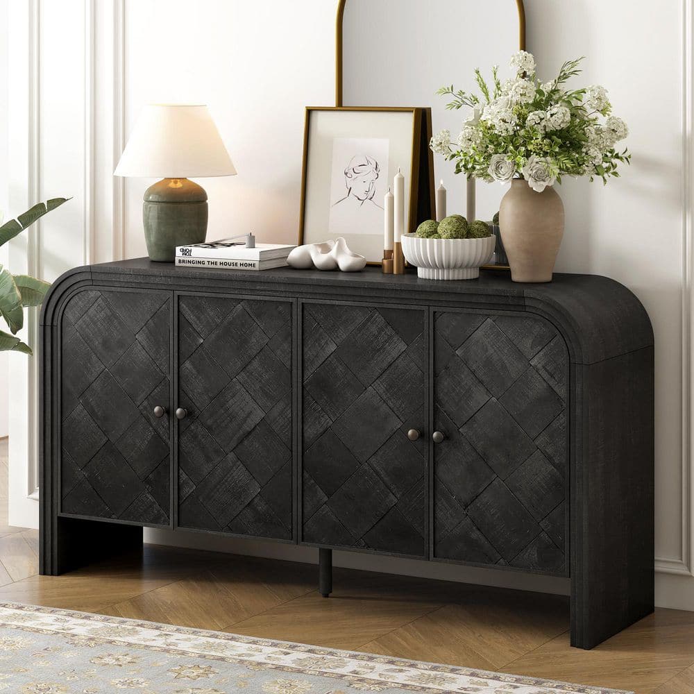 Harper & Bright Designs Woven Design Black Wood 59.8 in. Sideboard with ...