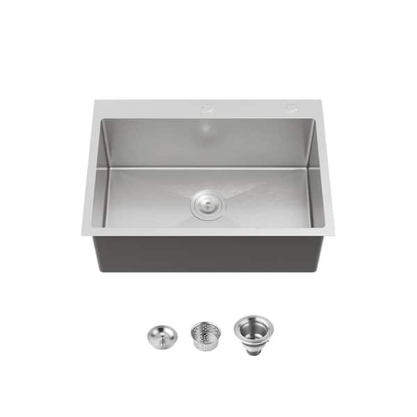 HOMEMYSTIQUE 27 in. Drop-in Single Bowl Brushed Stainless Steel Kitchen ...