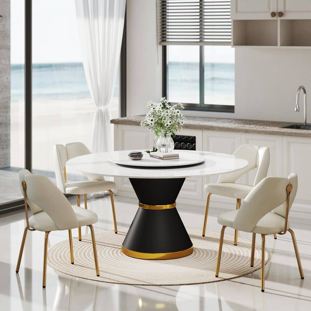 Magic Home 59 in. White Circular Rotable Sintered Stone Tabletop with ...