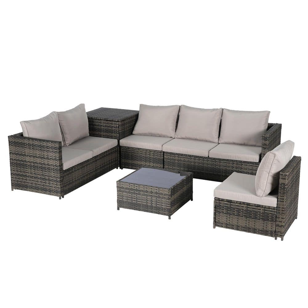 OLUMAT 6-Piece Wicker Outdoor Sectional Sofa Set with Light Gray Cushions, Coffee Table and ...