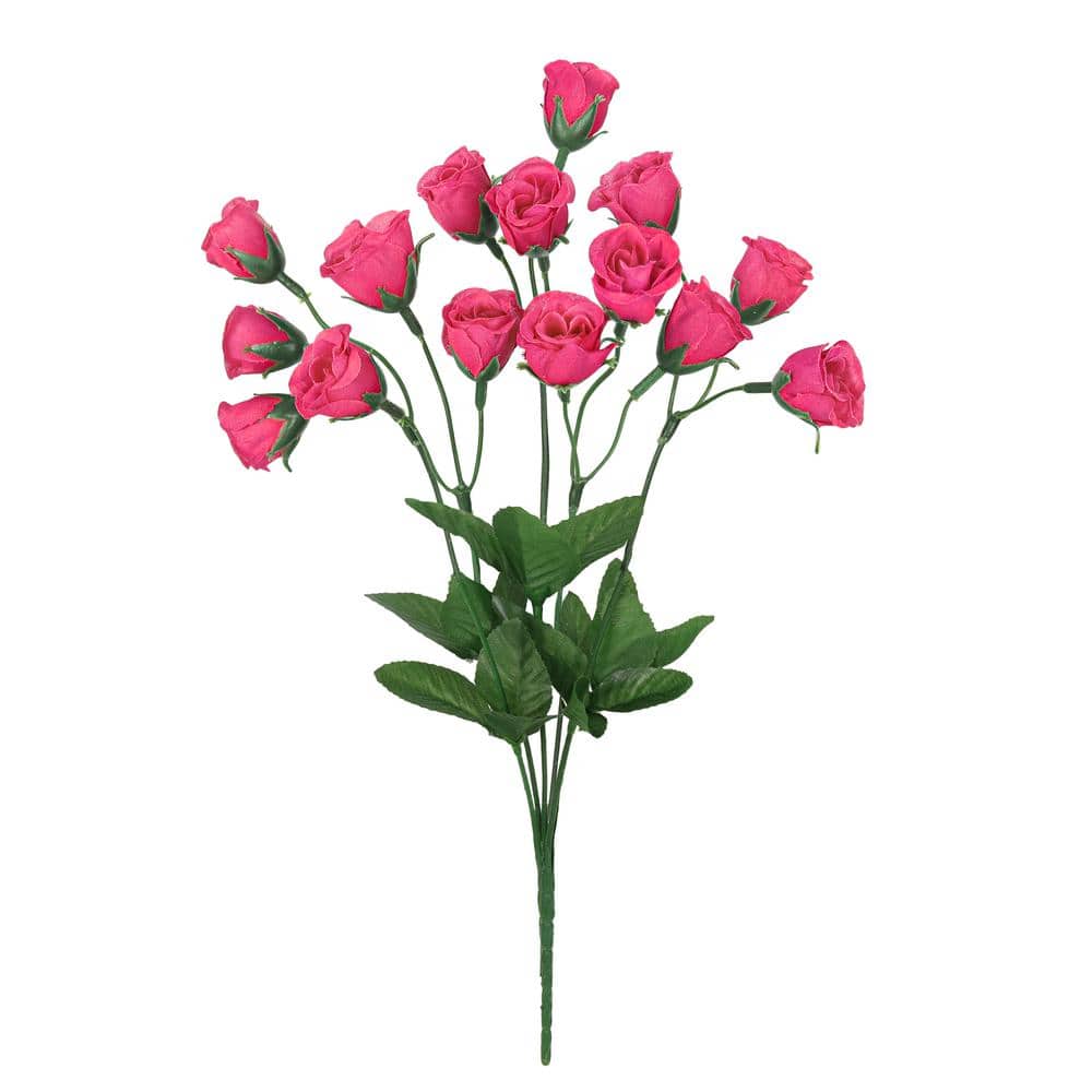 LIVING LUXURY 14 in. Hot Pink Artificial Mini Rose Bud Flower Stem Bush ...