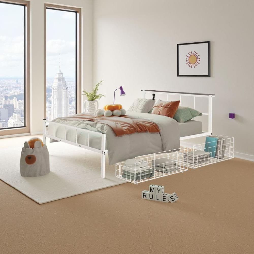 Benjara Nix White Metal Frame Queen Size Platform Bed with Underbed ...
