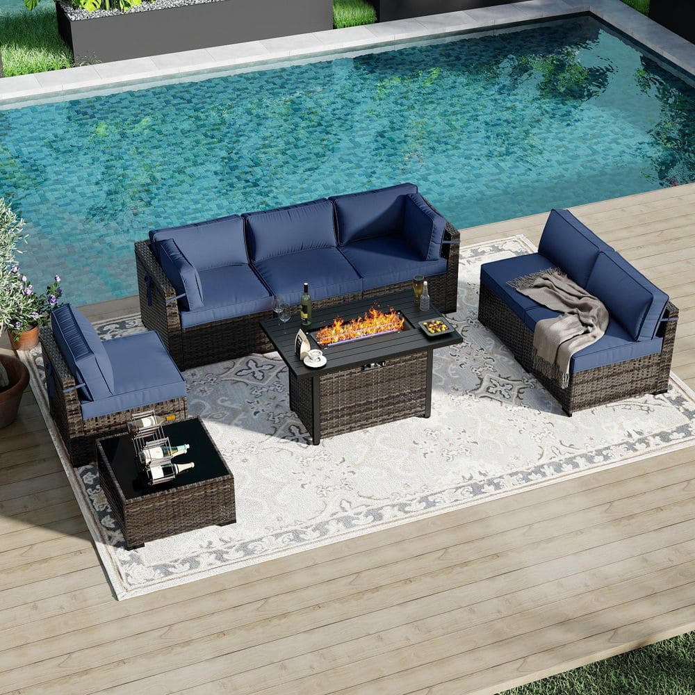 JOYSIDE 8-Piece Fire Pit Patio Set Wicker Outdoor Patio Conversation ...