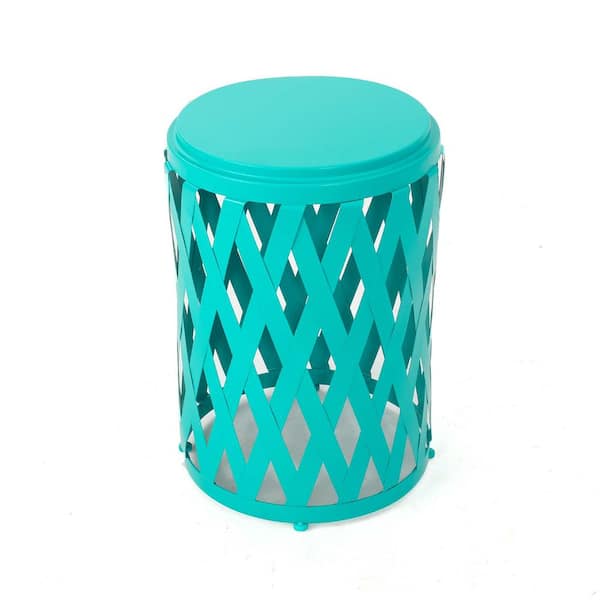 Teal Color Round Iron Outdoor Side Table, for Garden, Deck, Backyard LT ...