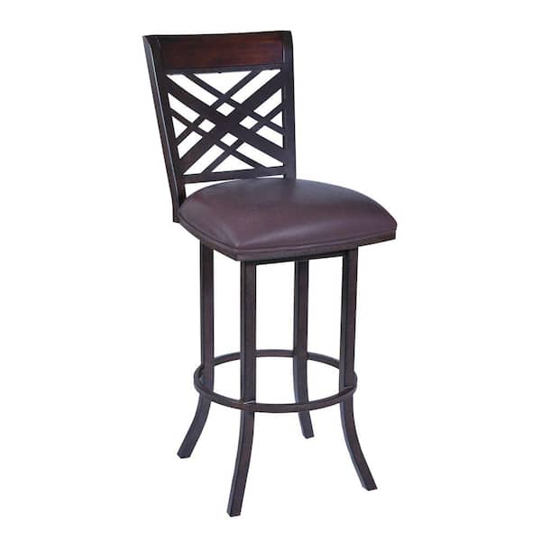 Benjara 26 in. Brown High Back Metal Frame Bar Stool with Leather Seat ...