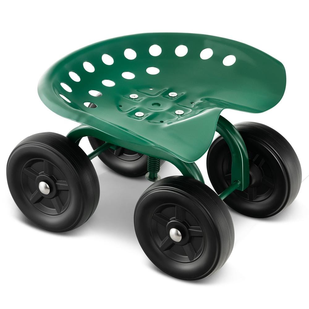 WELLFOR 18.5 in. Green and Black Metal Rolling Garden Cart Workseat ...