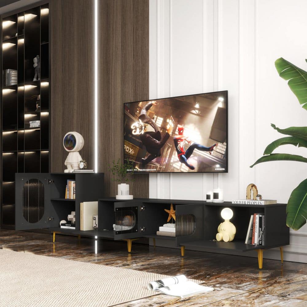 GOGEXX 86-100 in. Retracted Extendable TV Stand with Storage Cabinet ...