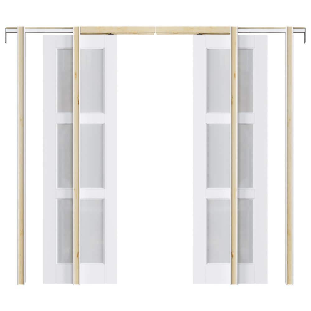 ARK DESIGN 48 in. x 80 in. 3-Lite Frosted Glass Primed White Wood Door ...