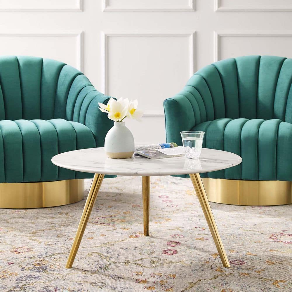 MODWAY Lippa 28 in. White Round Faux Marble Coffee Table with Tripod ...